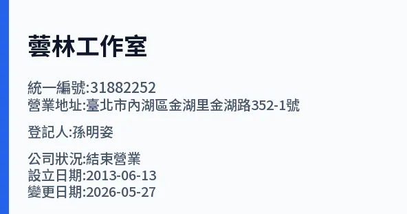 蕓林工作室的照片-統編 31882252(臺北市) 公司登記資料與營業項目詳細圖表