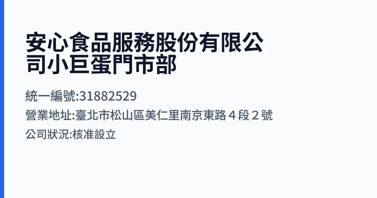 安心食品服務股份有限公司小巨蛋門市部 - 統編 31882529(臺北市) 公司登記資料與營業項目詳細圖表