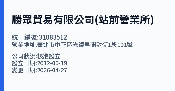 勝眾貿易有限公司(站前營業所)的照片-統編 31883512(臺北市) 公司登記資料與營業項目詳細圖表