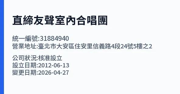 直締友聲室內合唱團的照片-統編 31884940(臺北市) 公司登記資料與營業項目詳細圖表