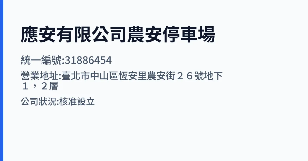 應安有限公司農安停車場 - 統編 31886454(臺北市) 公司登記資料與營業項目詳細圖表