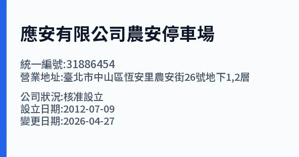 應安有限公司農安停車場的照片-統編 31886454(臺北市) 公司登記資料與營業項目詳細圖表