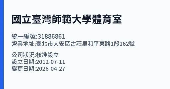 國立臺灣師範大學體育室的照片-統編 31886861(臺北市) 公司登記資料與營業項目詳細圖表