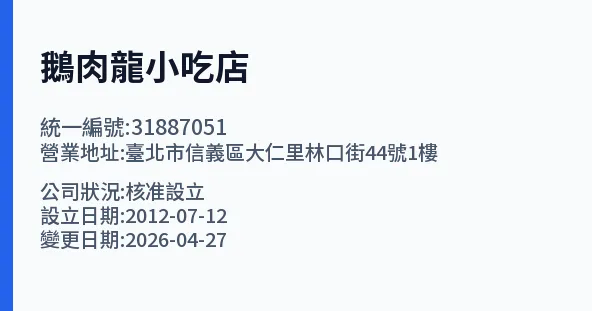 鵝肉龍小吃店的照片-統編 31887051(臺北市) 公司登記資料與營業項目詳細圖表