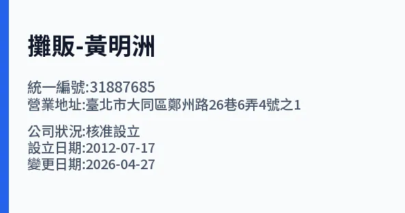 攤販-黃明洲的照片-統編 31887685(臺北市) 公司登記資料與營業項目詳細圖表