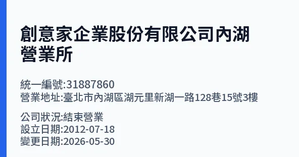 創意家企業股份有限公司內湖營業所的照片-統編 31887860(臺北市) 公司登記資料與營業項目詳細圖表