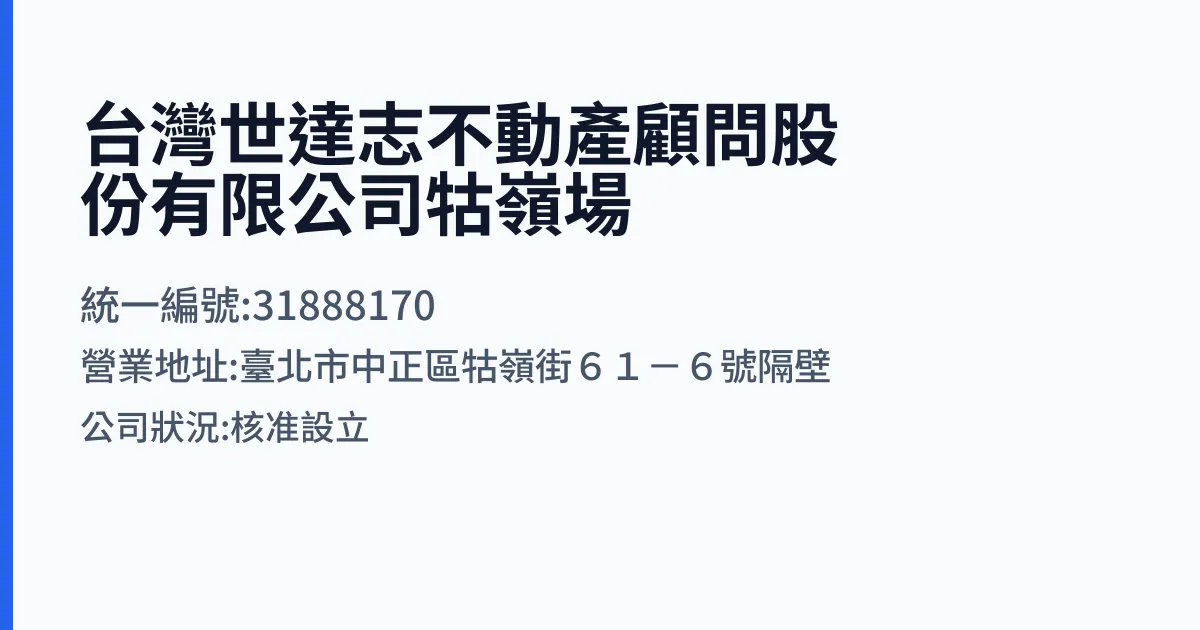 台灣世達志不動產顧問股份有限公司牯嶺場 - 統編 31888170(臺北市) 公司登記資料與營業項目詳細圖表