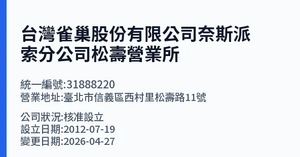 台灣雀巢股份有限公司奈斯派索分公司松壽營業所的照片-統編 31888220(臺北市) 公司登記資料與營業項目詳細圖表