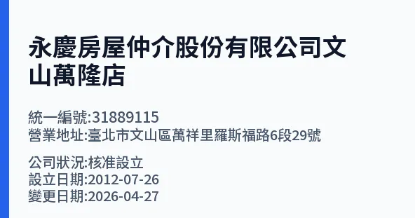 永慶房屋仲介股份有限公司文山萬隆店的照片-統編 31889115(臺北市) 公司登記資料與營業項目詳細圖表