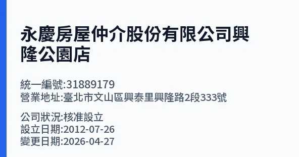 永慶房屋仲介股份有限公司興隆公園店的照片-統編 31889179(臺北市) 公司登記資料與營業項目詳細圖表
