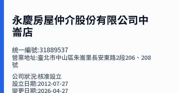 永慶房屋仲介股份有限公司中崙店的照片-統編 31889537(臺北市) 公司登記資料與營業項目詳細圖表