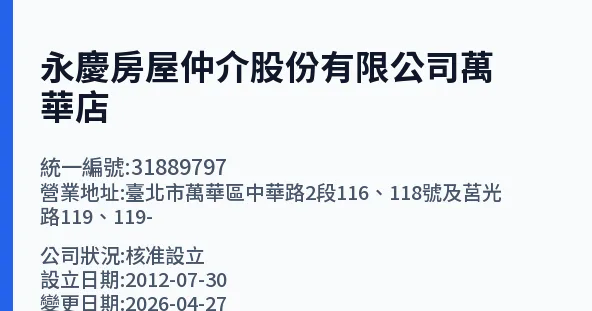 永慶房屋仲介股份有限公司萬華店的照片-統編 31889797(臺北市) 公司登記資料與營業項目詳細圖表