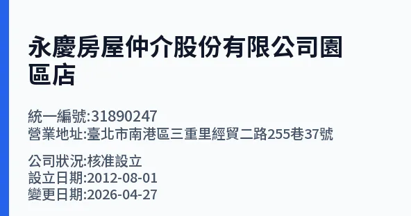 永慶房屋仲介股份有限公司園區店的照片-統編 31890247(臺北市) 公司登記資料與營業項目詳細圖表