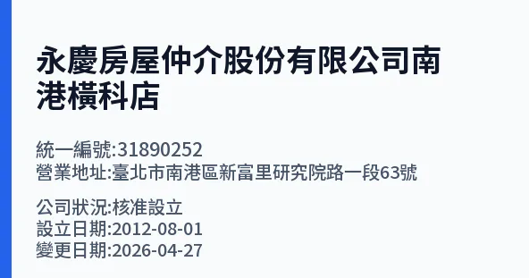 永慶房屋仲介股份有限公司南港橫科店的照片-統編 31890252(臺北市) 公司登記資料與營業項目詳細圖表