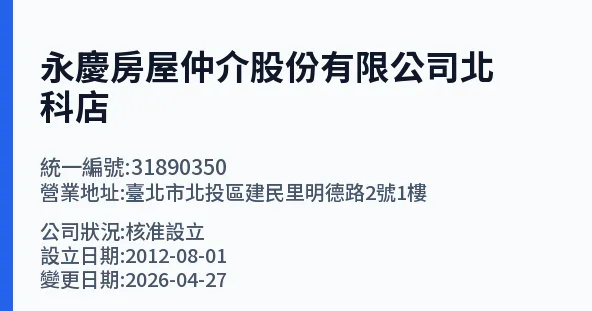 永慶房屋仲介股份有限公司北科店的照片-統編 31890350(臺北市) 公司登記資料與營業項目詳細圖表