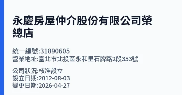 永慶房屋仲介股份有限公司榮總店的照片-統編 31890605(臺北市) 公司登記資料與營業項目詳細圖表