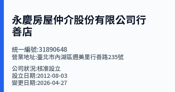 永慶房屋仲介股份有限公司行善店的照片-統編 31890648(臺北市) 公司登記資料與營業項目詳細圖表