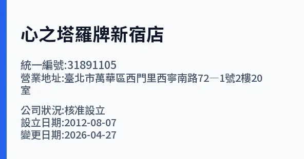 心之塔羅牌新宿店的照片-統編 31891105(臺北市) 公司登記資料與營業項目詳細圖表
