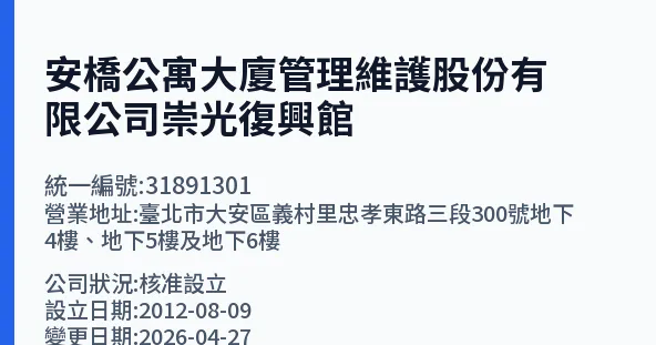 安橋公寓大廈管理維護股份有限公司崇光復興館的照片-統編 31891301(臺北市) 公司登記資料與營業項目詳細圖表