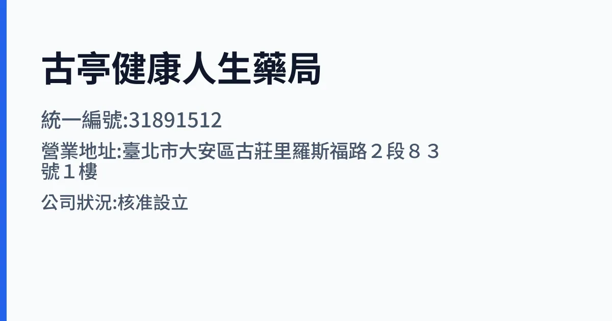 古亭健康人生藥局 - 統編 31891512(臺北市) 公司登記資料與營業項目詳細圖表