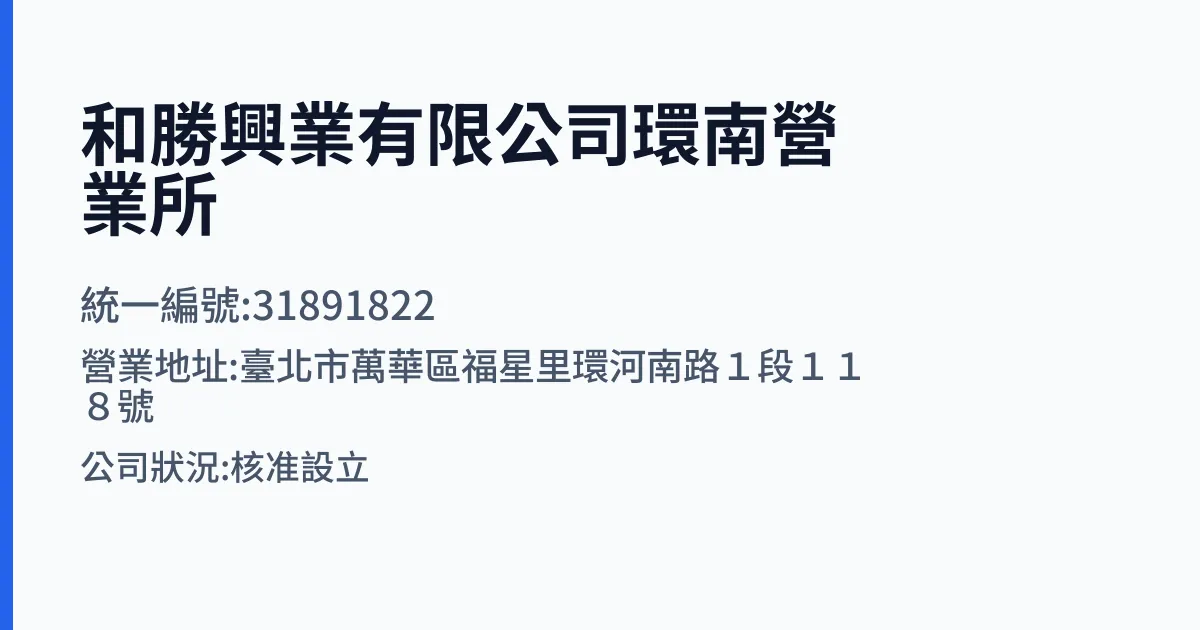 和勝興業有限公司環南營業所 - 統編 31891822(臺北市) 公司登記資料與營業項目詳細圖表