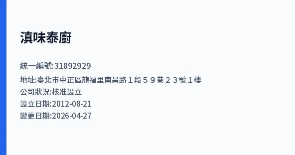 滇味泰廚的照片-統編 31892929(臺北市) 公司登記資料與營業項目詳細圖表