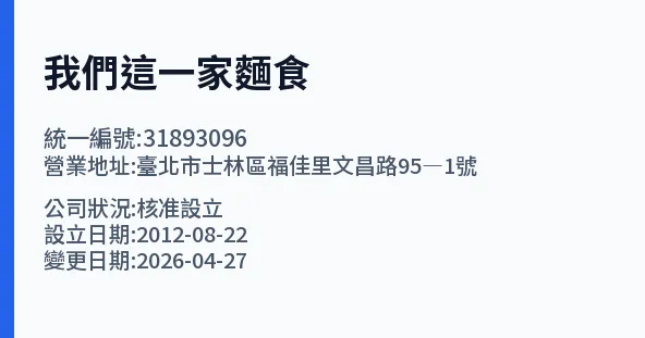 我們這一家麵食的照片-統編 31893096(臺北市) 公司登記資料與營業項目詳細圖表
