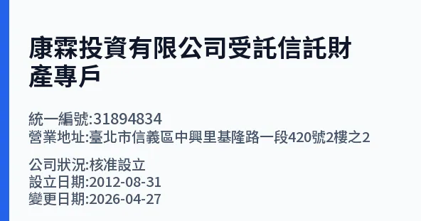 康霖投資有限公司受託信託財產專戶的照片-統編 31894834(臺北市) 公司登記資料與營業項目詳細圖表