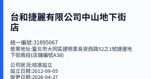 台和捷麗有限公司中山地下街店的照片-統編 31895067(臺北市) 公司登記資料與營業項目詳細圖表
