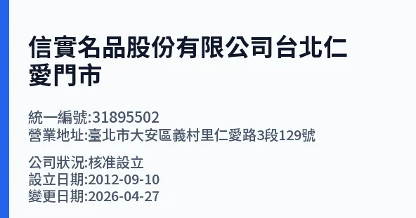 信實名品股份有限公司台北仁愛門市的照片-統編 31895502(臺北市) 公司登記資料與營業項目詳細圖表