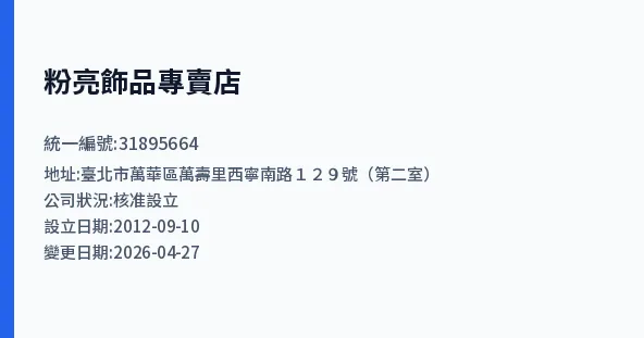 粉亮飾品專賣店的照片-統編 31895664(臺北市) 公司登記資料與營業項目詳細圖表