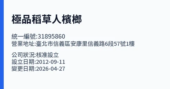 極品稻草人檳榔的照片-統編 31895860(臺北市) 公司登記資料與營業項目詳細圖表