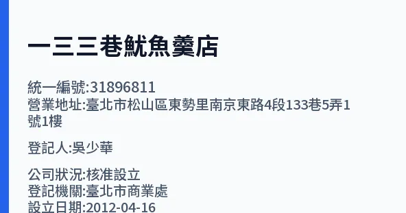 一三三巷魷魚羹店的照片-統編 31896811(臺北市) 公司登記資料與營業項目詳細圖表