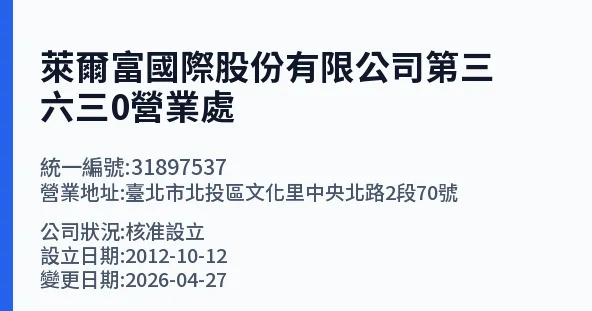 萊爾富國際股份有限公司第三六三0營業處的照片-統編 31897537(臺北市) 公司登記資料與營業項目詳細圖表