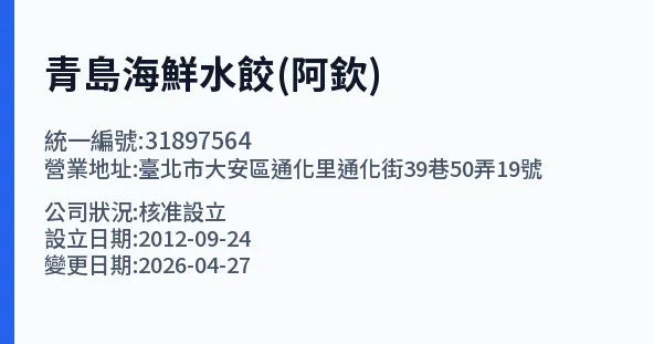 青島海鮮水餃(阿欽)的照片-統編 31897564(臺北市) 公司登記資料與營業項目詳細圖表