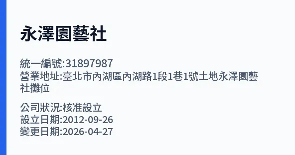 永澤園藝社的照片-統編 31897987(臺北市) 公司登記資料與營業項目詳細圖表