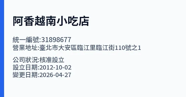 阿香越南小吃店的照片-統編 31898677(臺北市) 公司登記資料與營業項目詳細圖表