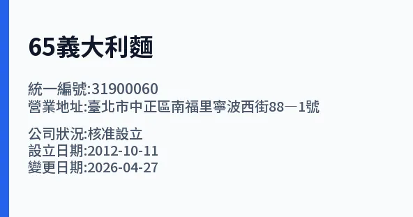 65義大利麵的照片-統編 31900060(臺北市) 公司登記資料與營業項目詳細圖表