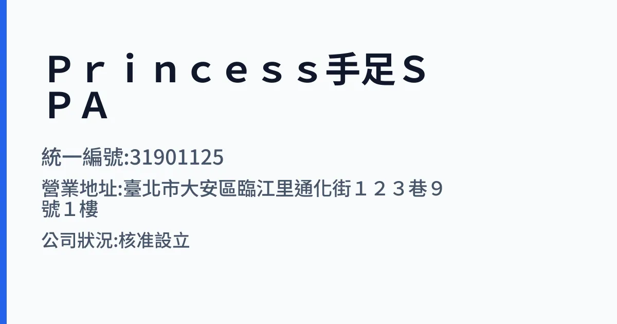 Princess手足SPA - 統編 31901125(臺北市) 公司登記資料與營業項目詳細圖表