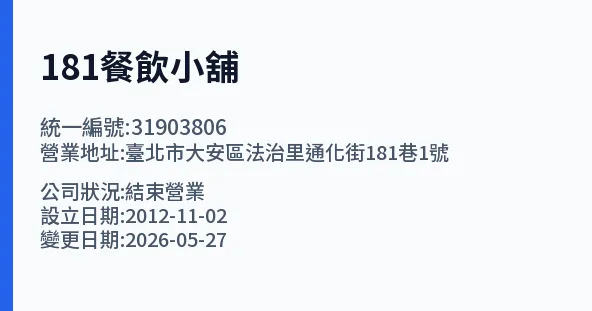 181餐飲小舖的照片-統編 31903806(臺北市) 公司登記資料與營業項目詳細圖表