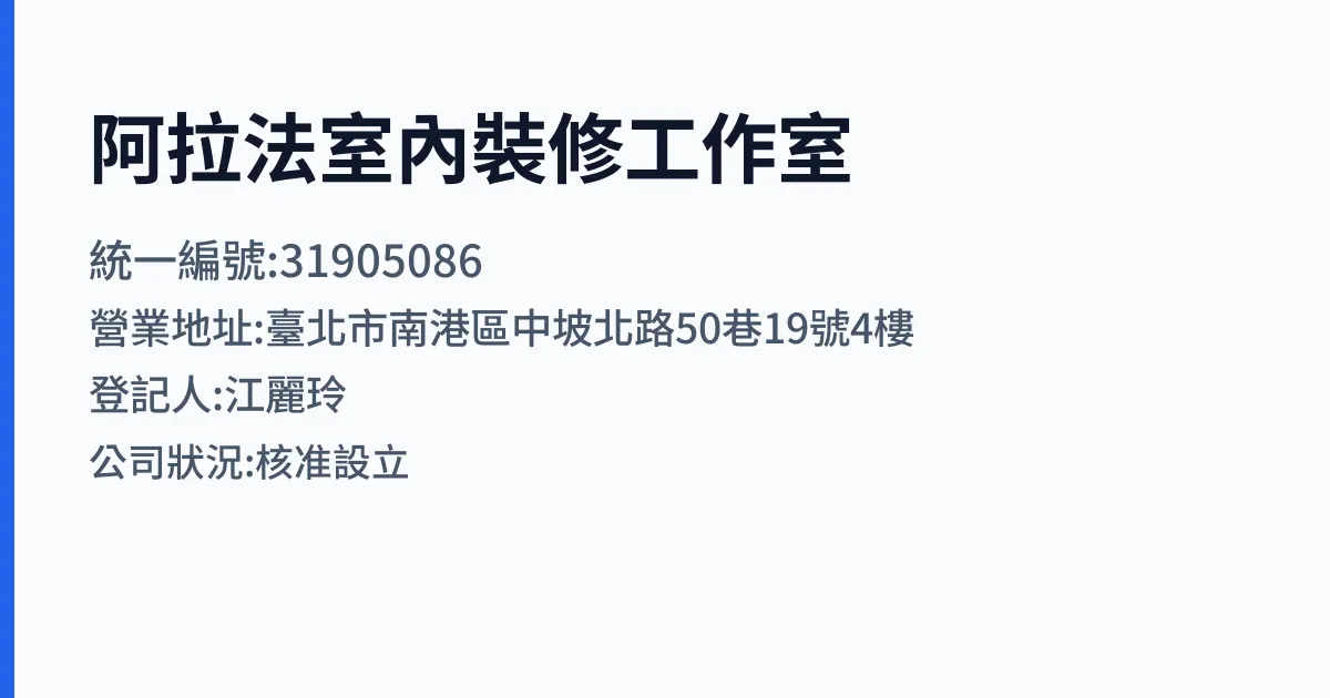 阿拉法室內裝修工作室 - 統編 31905086(臺北市) 公司登記資料與營業項目詳細圖表