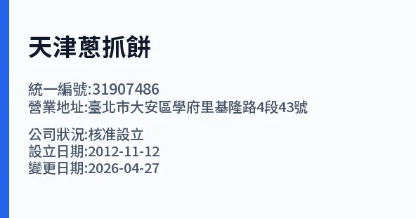 天津蔥抓餅的照片-統編 31907486(臺北市) 公司登記資料與營業項目詳細圖表