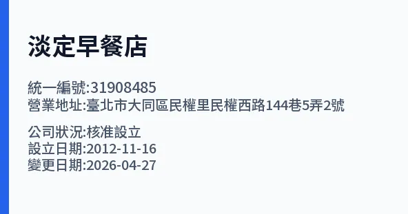 淡定早餐店的照片-統編 31908485(臺北市) 公司登記資料與營業項目詳細圖表