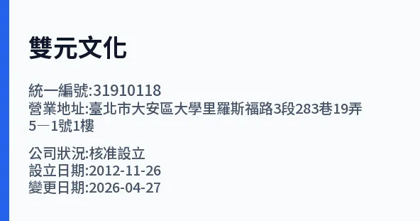 雙元文化的照片-統編 31910118(臺北市) 公司登記資料與營業項目詳細圖表