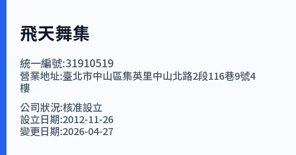 飛天舞集的照片-統編 31910519(臺北市) 公司登記資料與營業項目詳細圖表