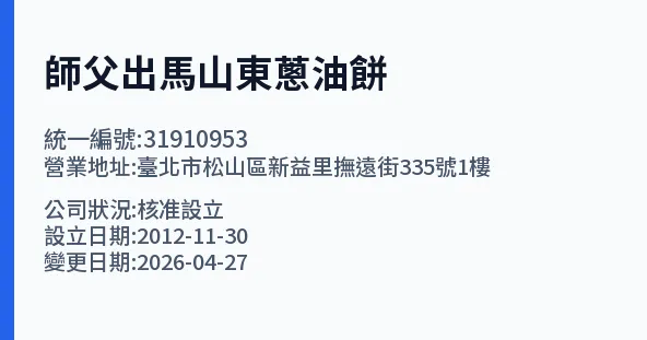 師父出馬山東蔥油餅的照片-統編 31910953(臺北市) 公司登記資料與營業項目詳細圖表