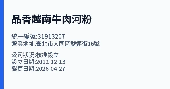 品香越南牛肉河粉的照片-統編 31913207(臺北市) 公司登記資料與營業項目詳細圖表