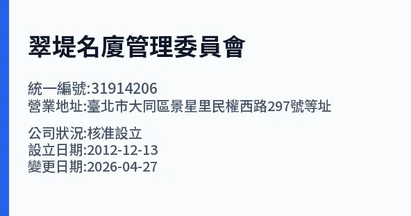 翠堤名廈管理委員會的照片-統編 31914206(臺北市) 公司登記資料與營業項目詳細圖表