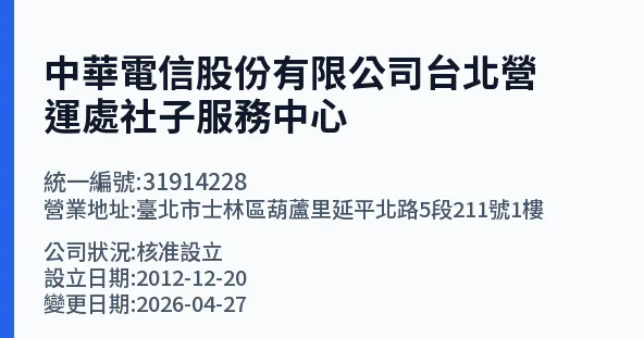 中華電信股份有限公司台北營運處社子服務中心的照片-統編 31914228(臺北市) 公司登記資料與營業項目詳細圖表
