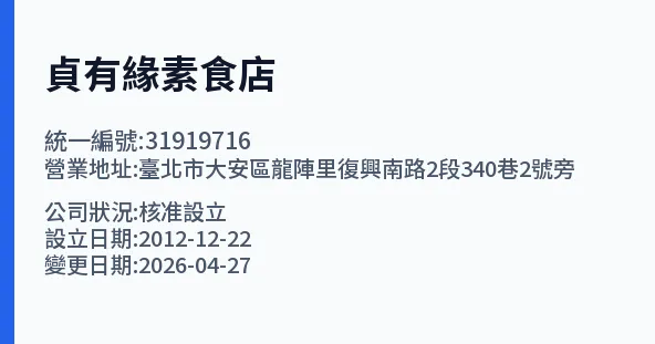 貞有緣素食店的照片-統編 31919716(臺北市) 公司登記資料與營業項目詳細圖表